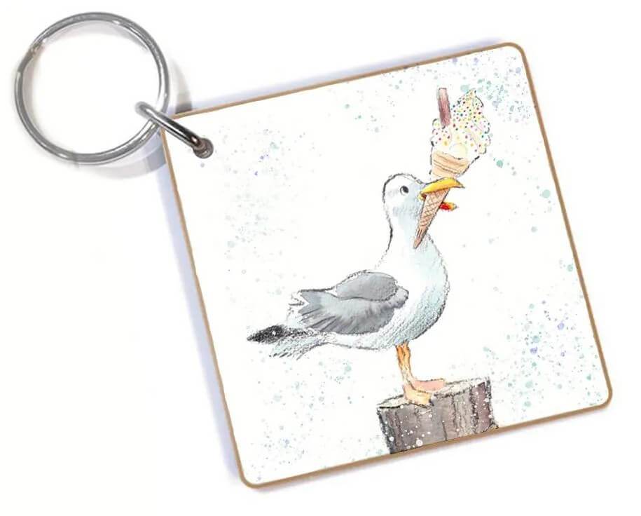 Cute Keyring Seagull Stealing Ice Cream - MDF Keychain Fob Double Sided ...